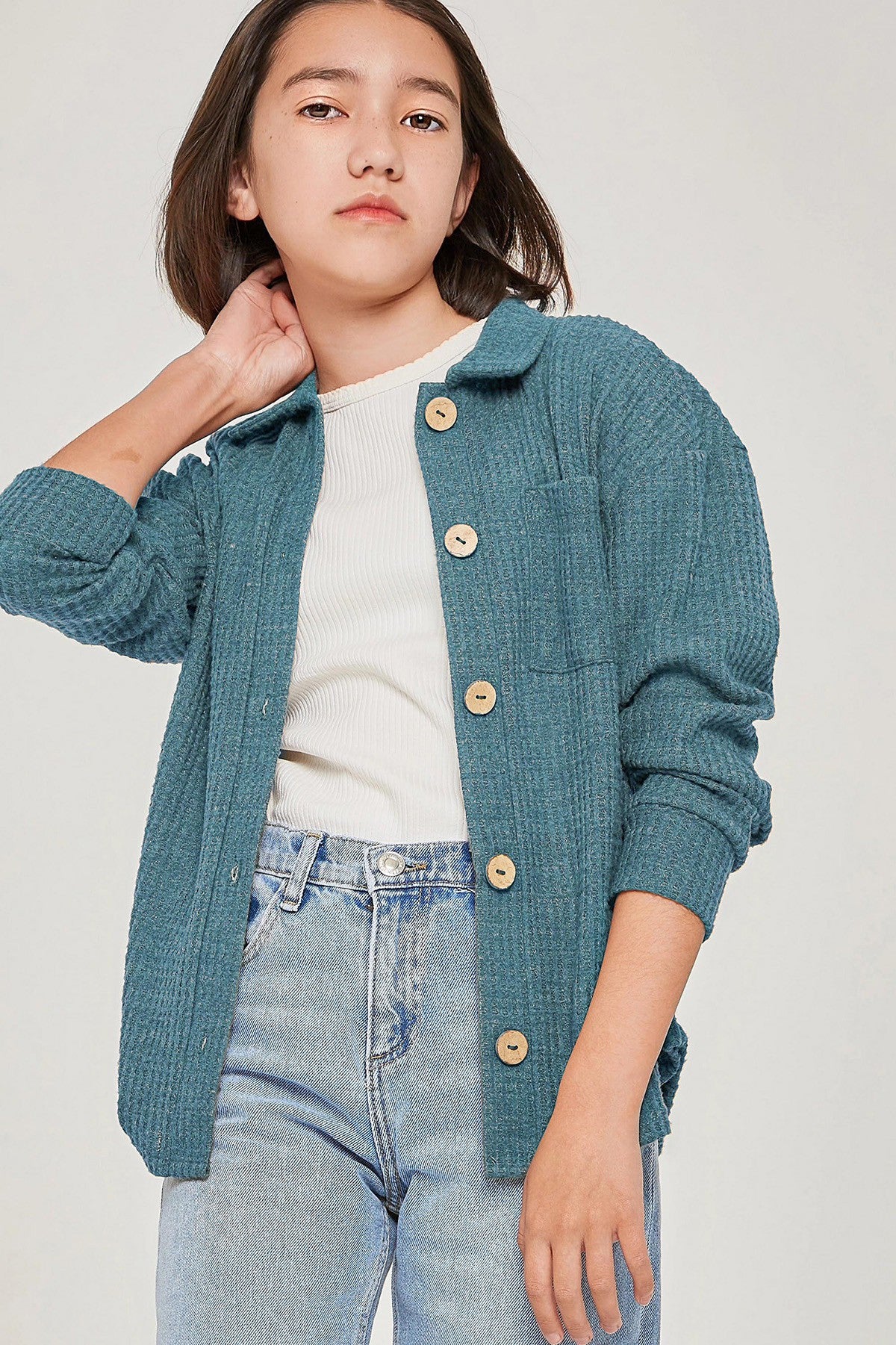 teal solid brushed waffle shacket – Sugar-N-Spice Children's and Tween ...